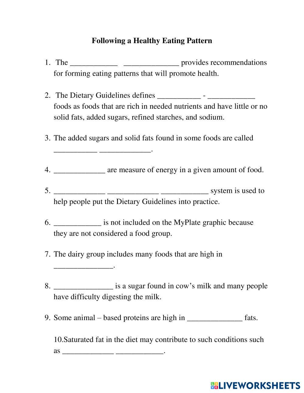 Following a Healthy Eating Pattern | Live Worksheets