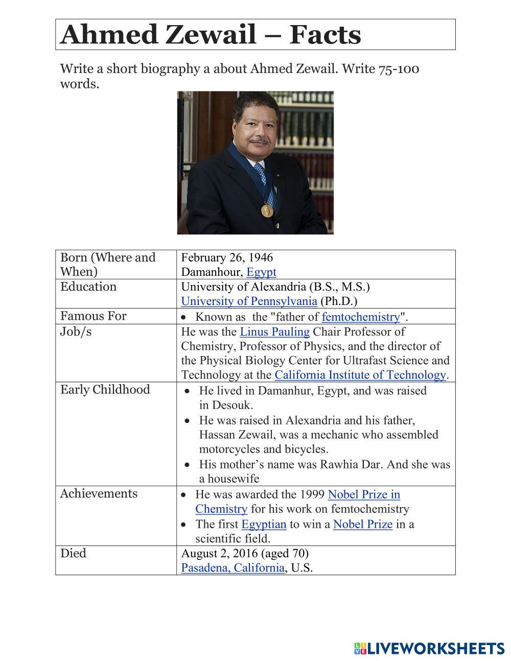 Ahmed Zewail – Biography Writing | Live Worksheets