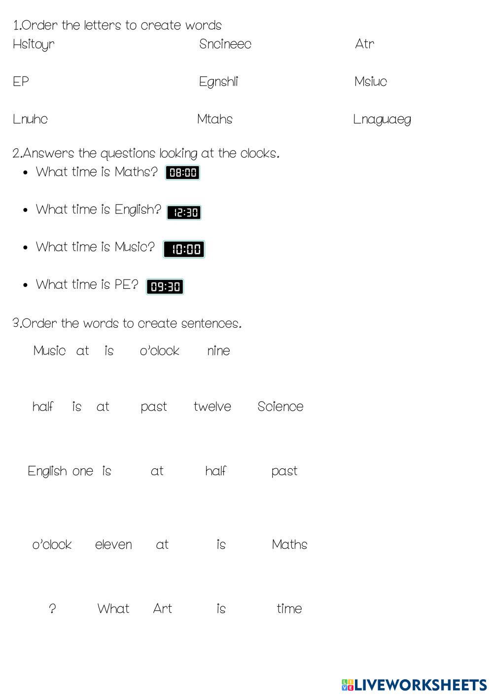 SUBJECTS AND HOURS | Live Worksheets