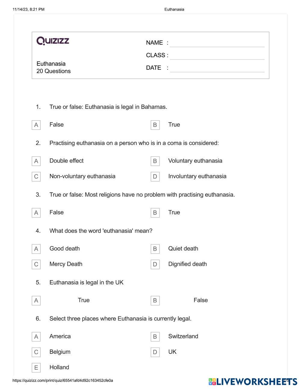 7312170 | Euthanasia | Loretta Butler | LiveWorksheets