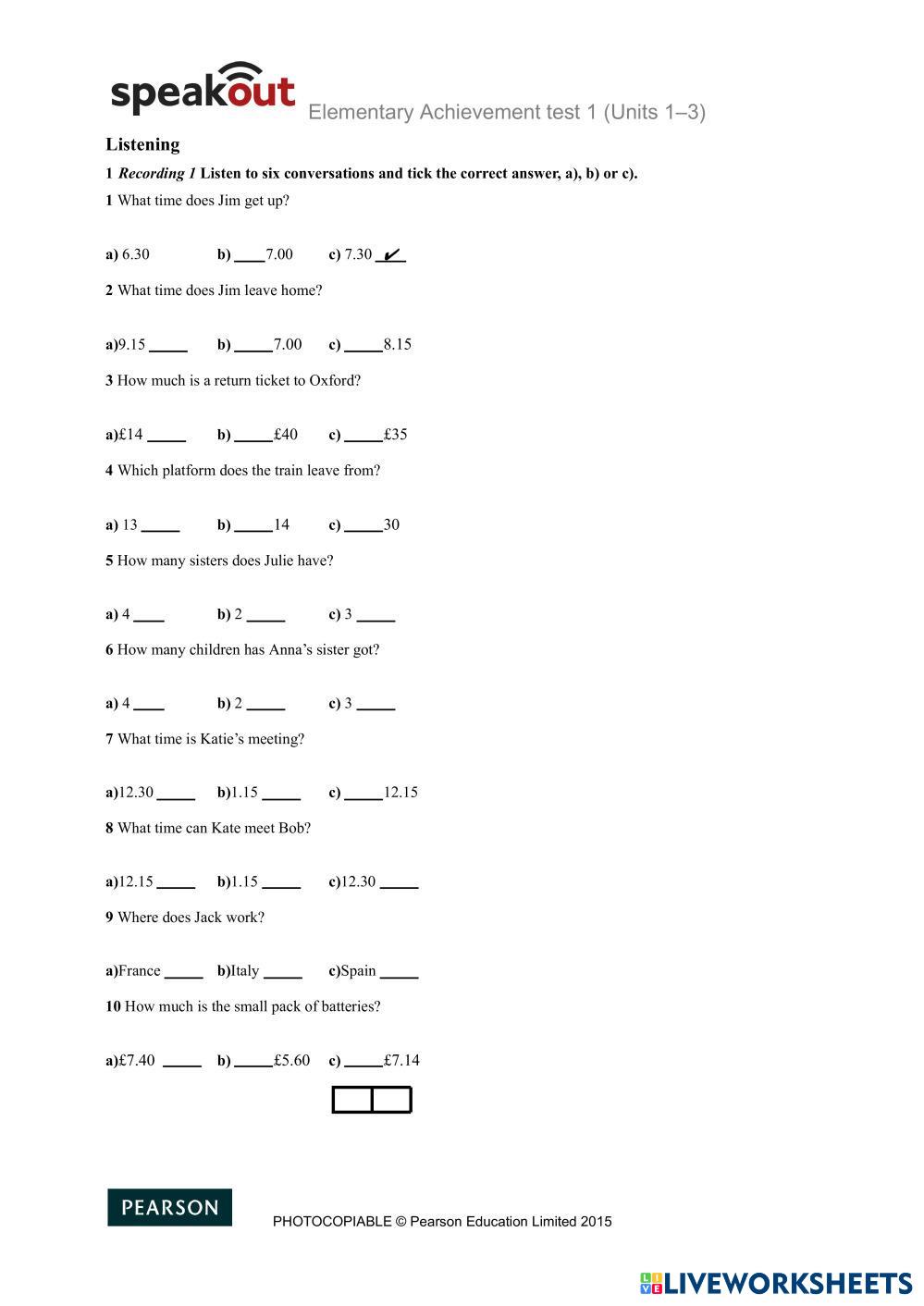 Achievement Test 1_A2 | Live Worksheets