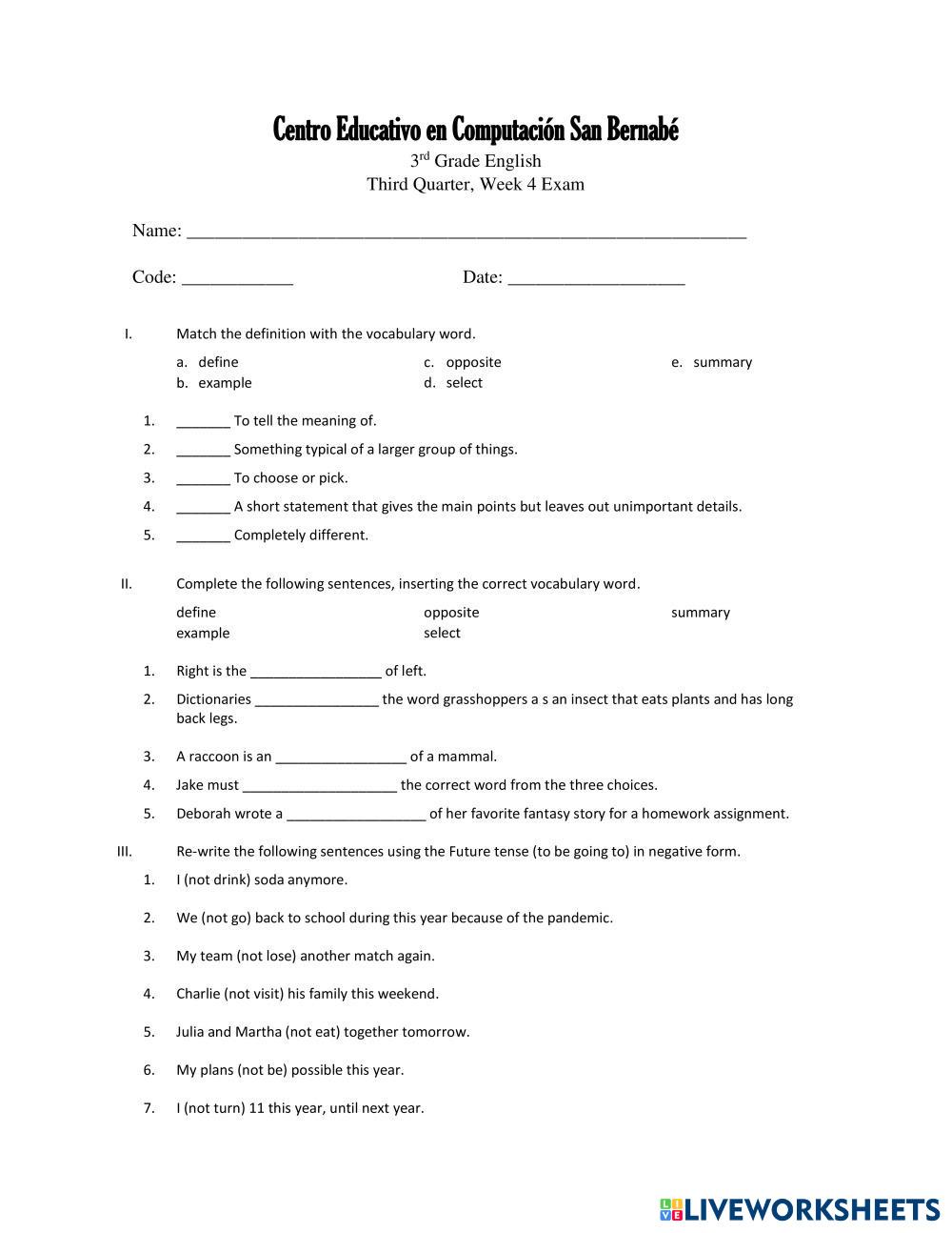 7314671 | 3rd grade exam third quarter exam 3 | Centro