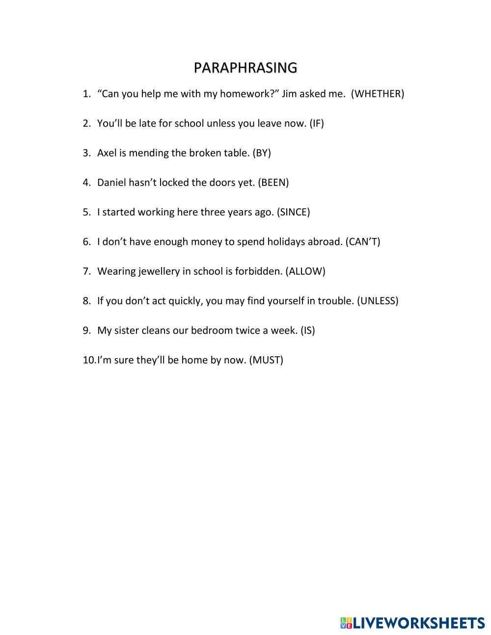 Paraphrasing 4t… | Free Interactive Worksheets | 7315360