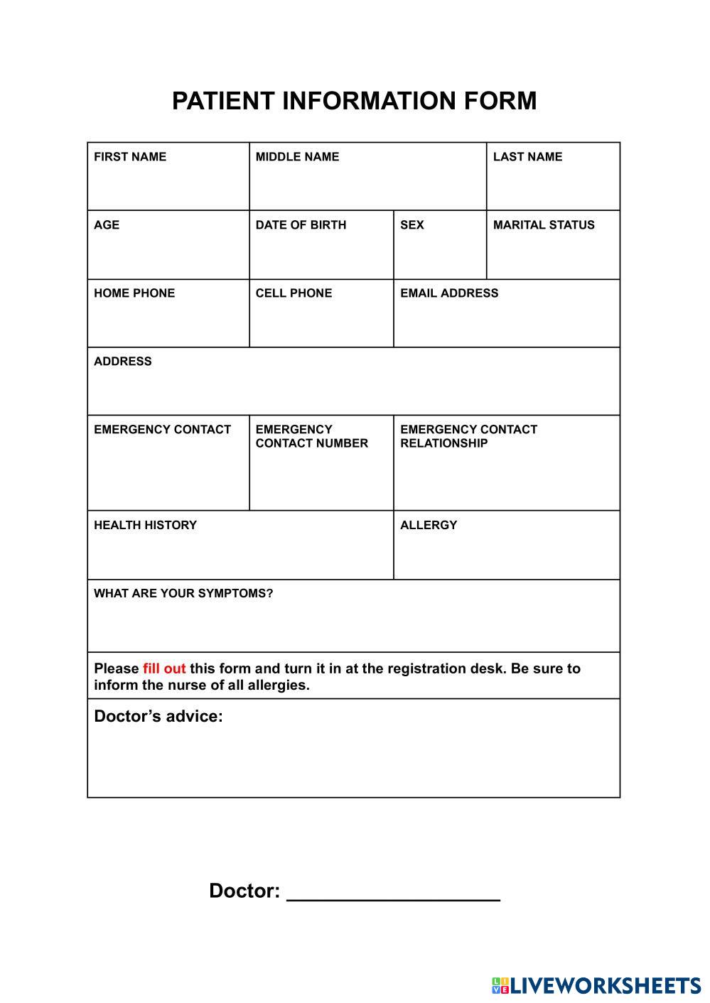 PATIENT INFORMATION FORM | Live Worksheets