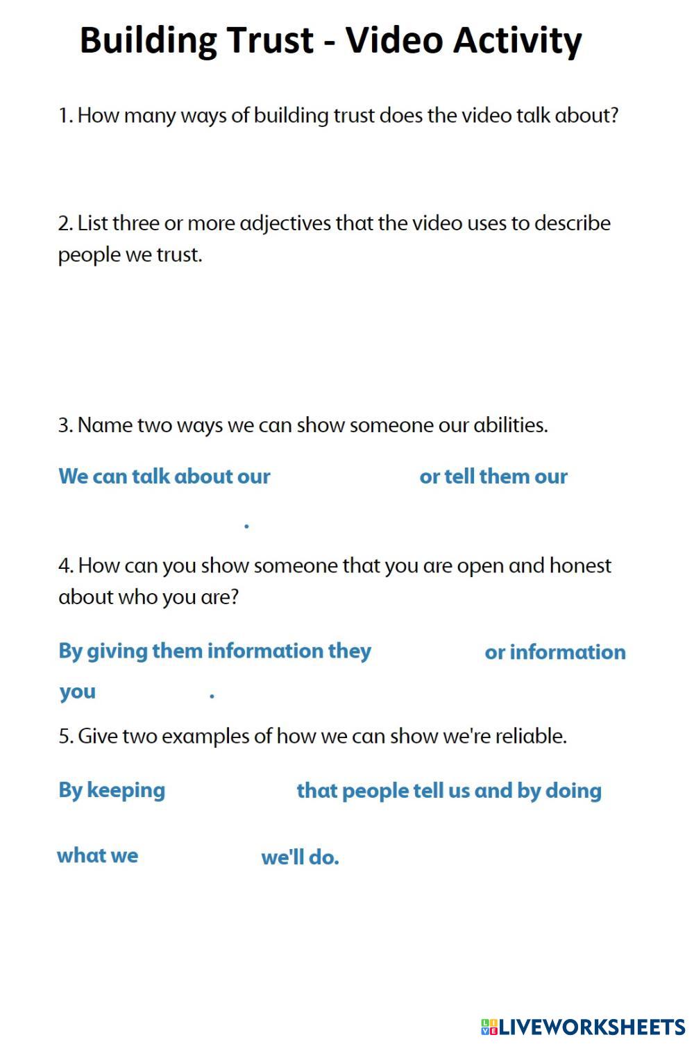Building trust | Free Interactive Worksheets | 7319379