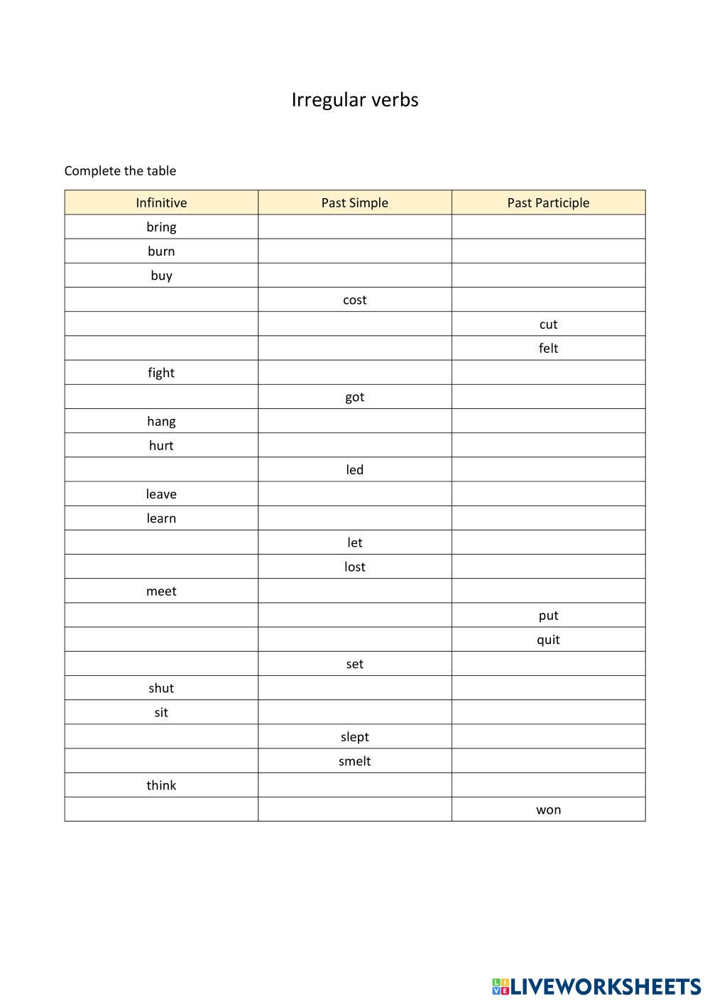 Irregular Verbs | Live Worksheets