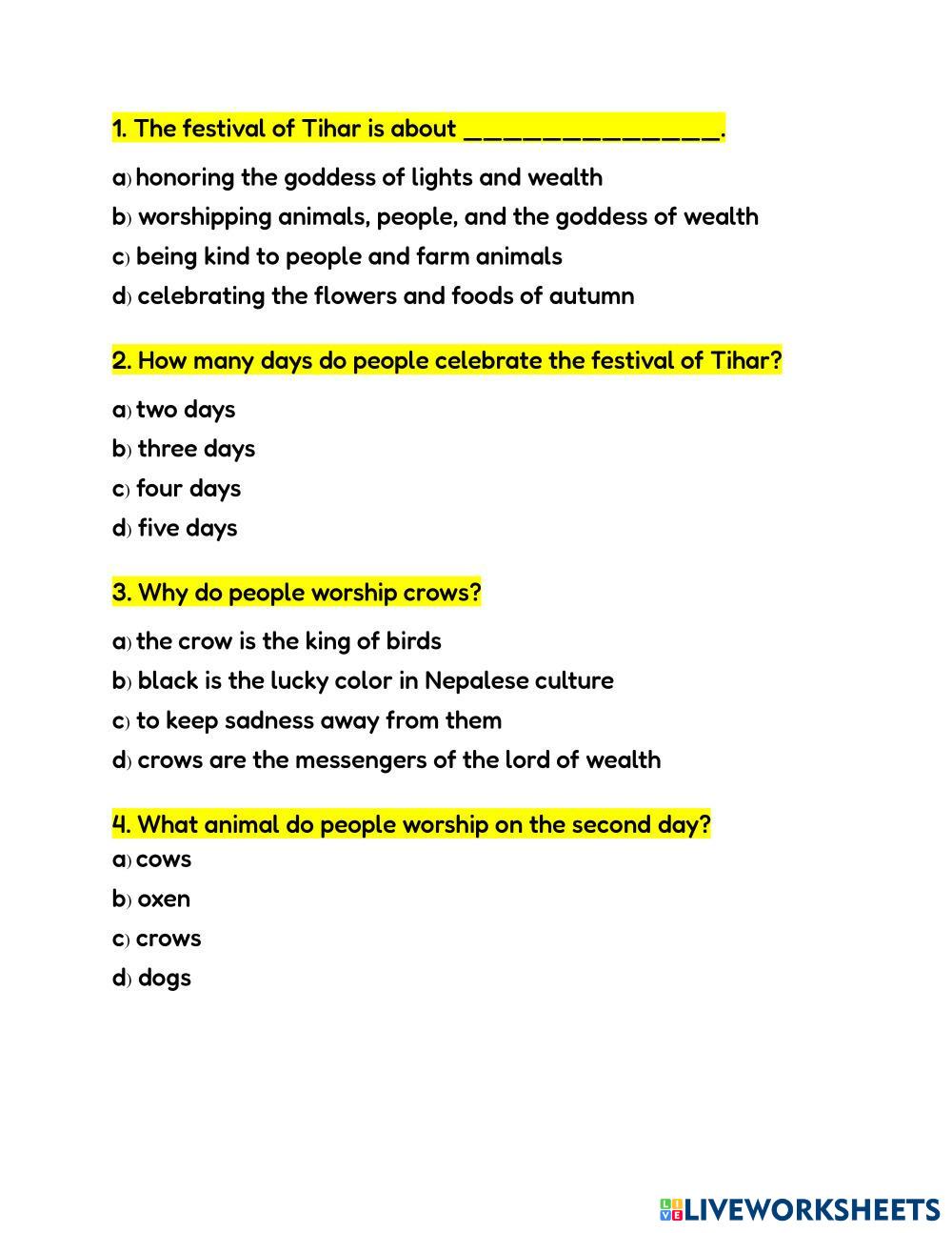 Tihar: Festival of Lights | Live Worksheets