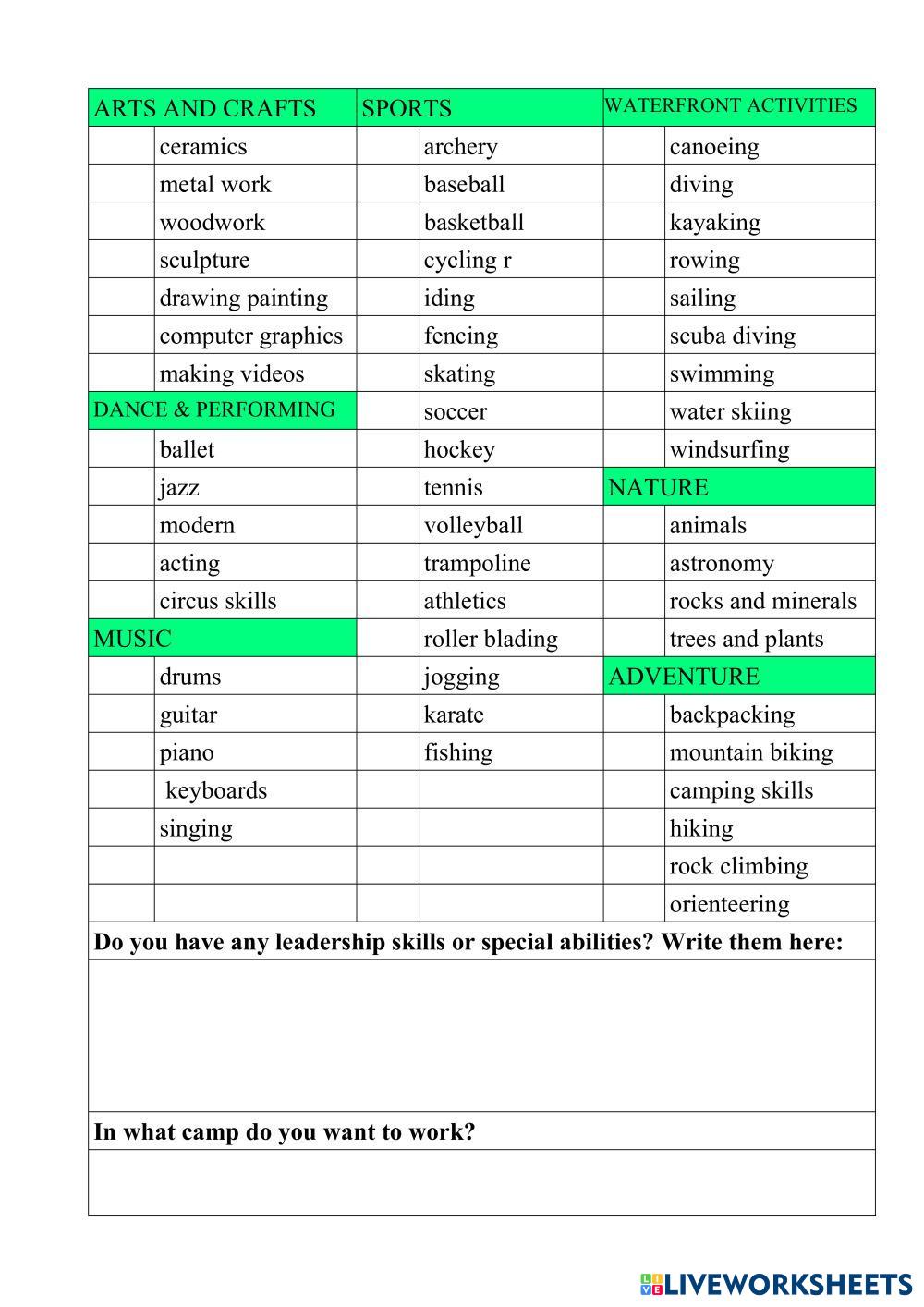 Camp | Live Worksheets