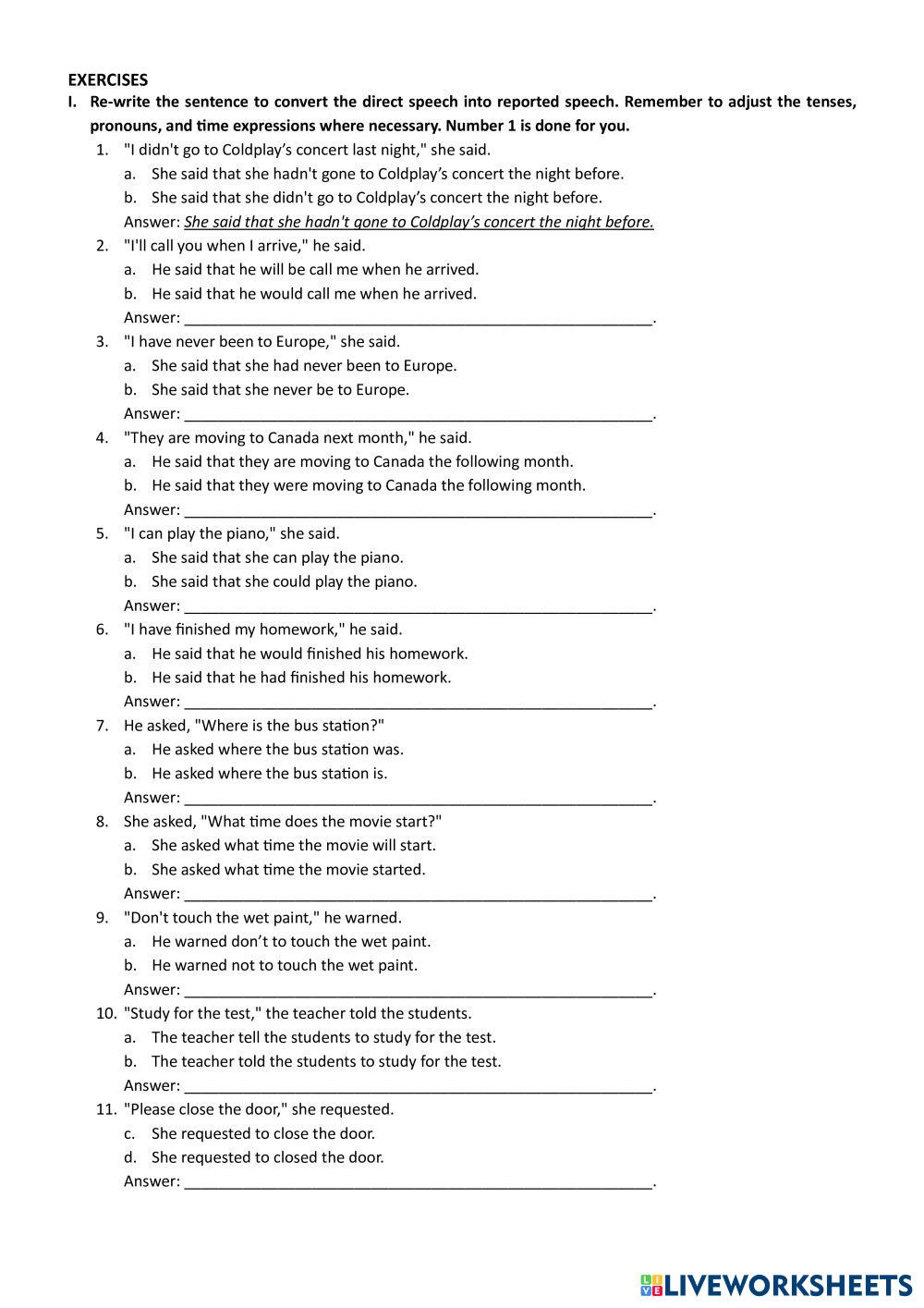 Reported Speech Exercise 7334610 | PITO AGUSTIAN