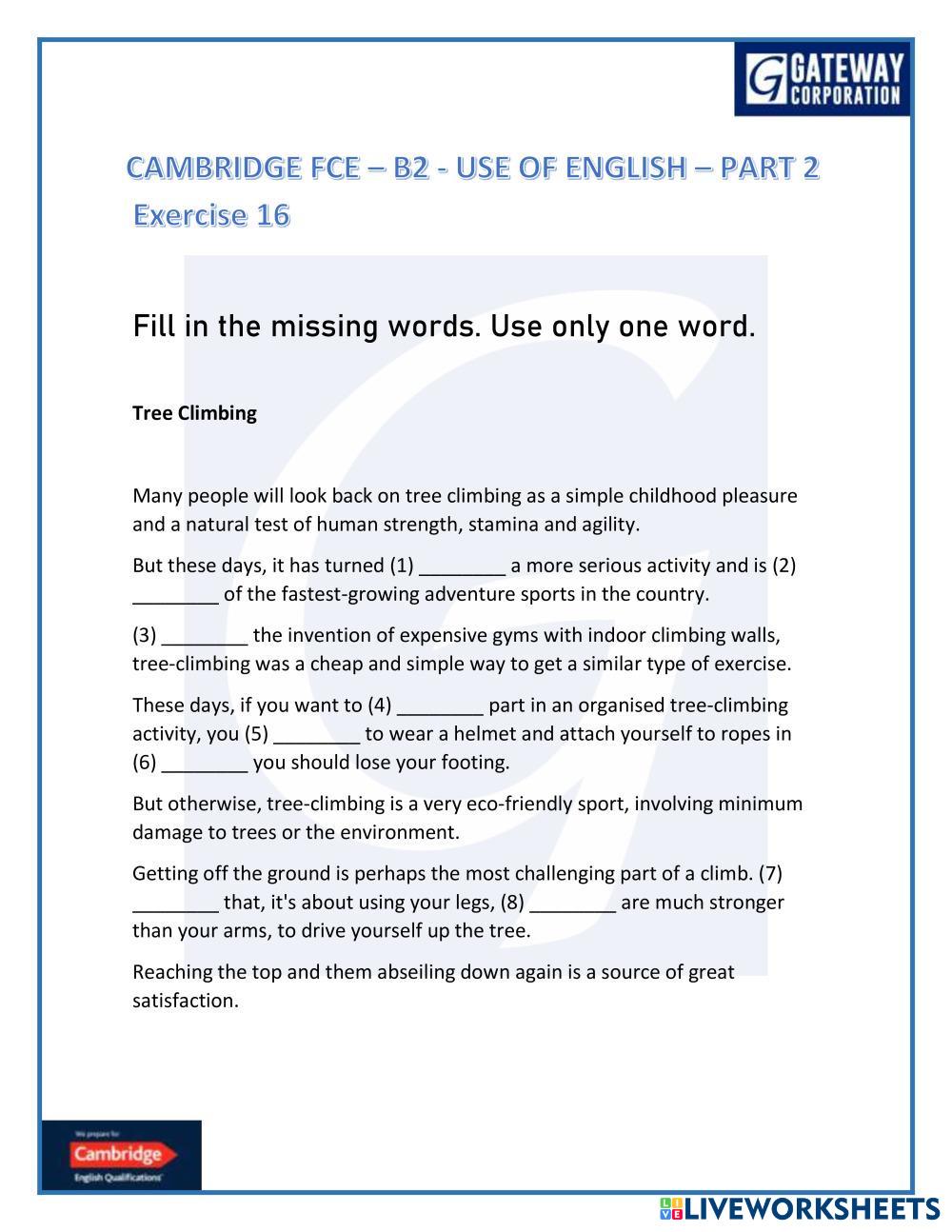 CAMBRIDGE FCE – B2 - USE OF ENGLISH – PART 2 - Exercise 16 | Live ...