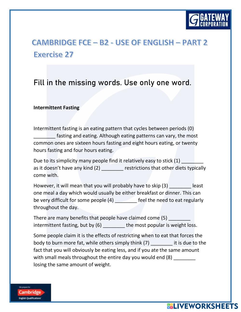 CAMBRIDGE FCE –… | Free Interactive Worksheets | 7335965