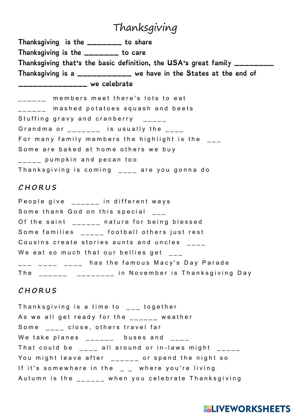 Thanksgiving rap | Live Worksheets