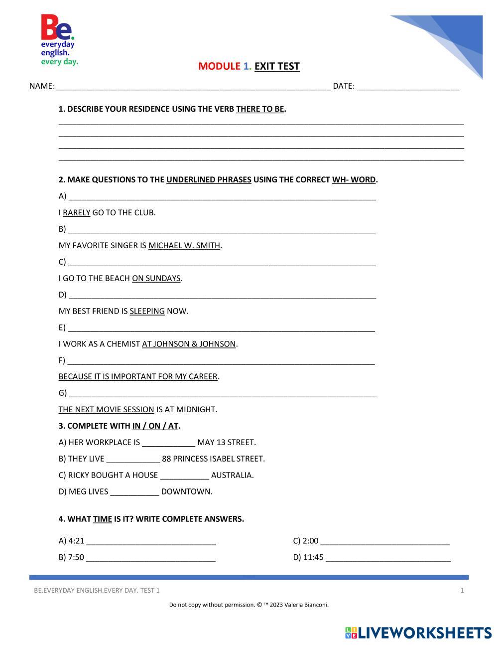 BE.ENGLISH - EXIT TEST - MODULE 1 7338062 | Valeria