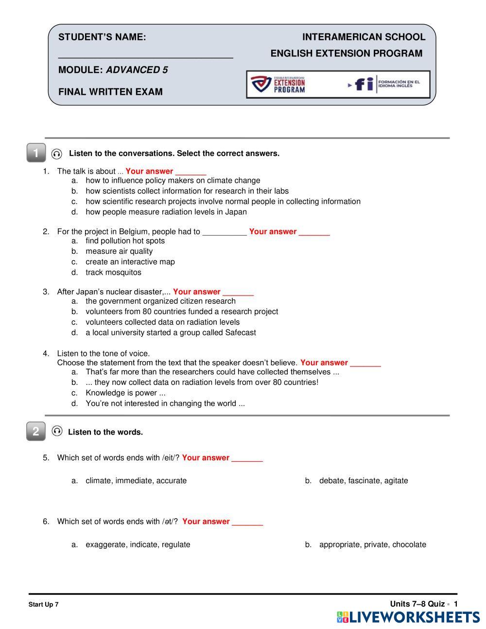 FINAL ADVANCED 5 | Free Interactive Worksheets | 7340238