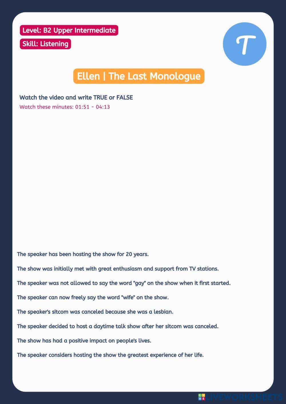 7342823 | B1 | B2 Listening: Ellen, The Last Monologue