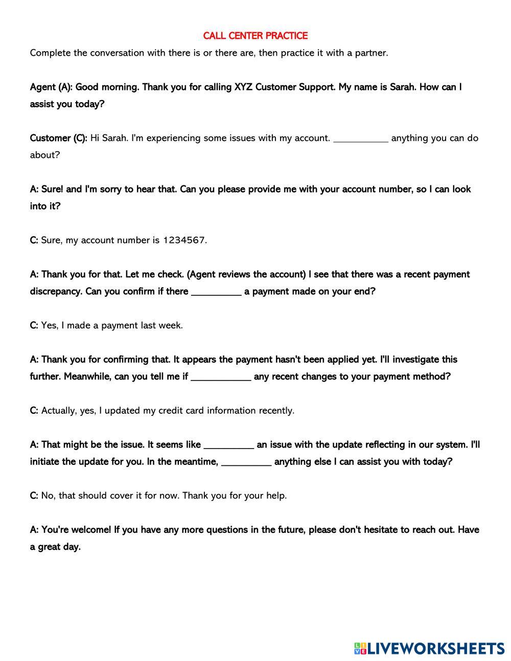 CALL CENTER PR… | Free Interactive Worksheets | 7345385