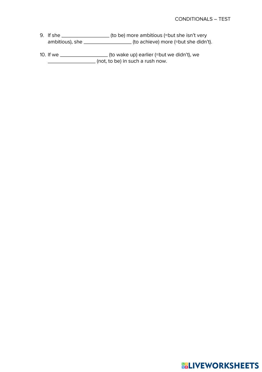 CONDITIONALS – TEST – PART 2 – MIXED CONDITIONALS | Live Worksheets