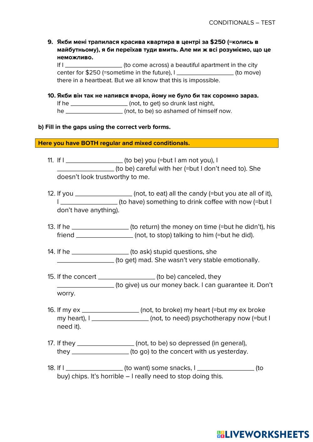 CONDITIONALS – TEST – PART 3 – REGULAR AND MIXED CONDITIONALS | Live ...