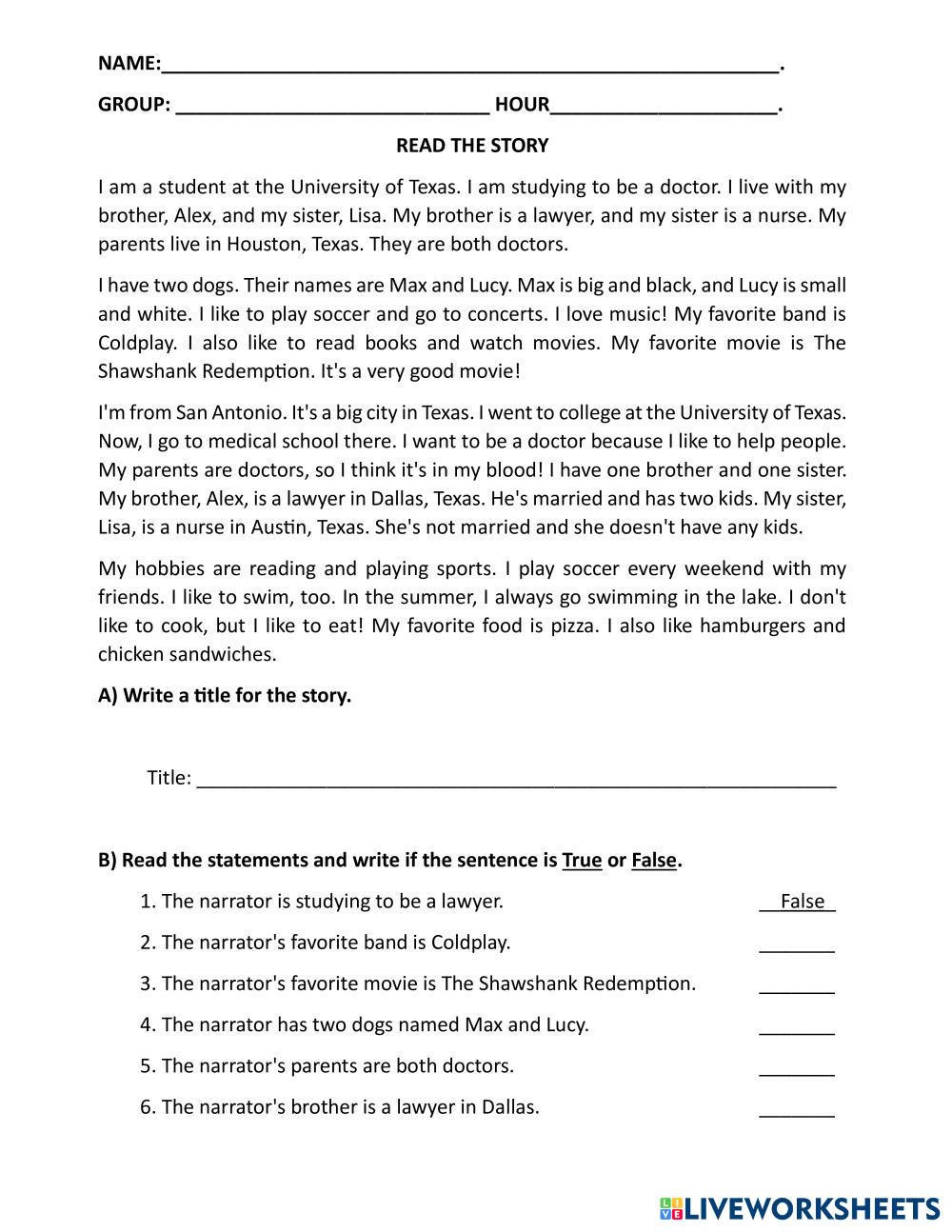 Reading Assessment #1 level2 | Live Worksheets