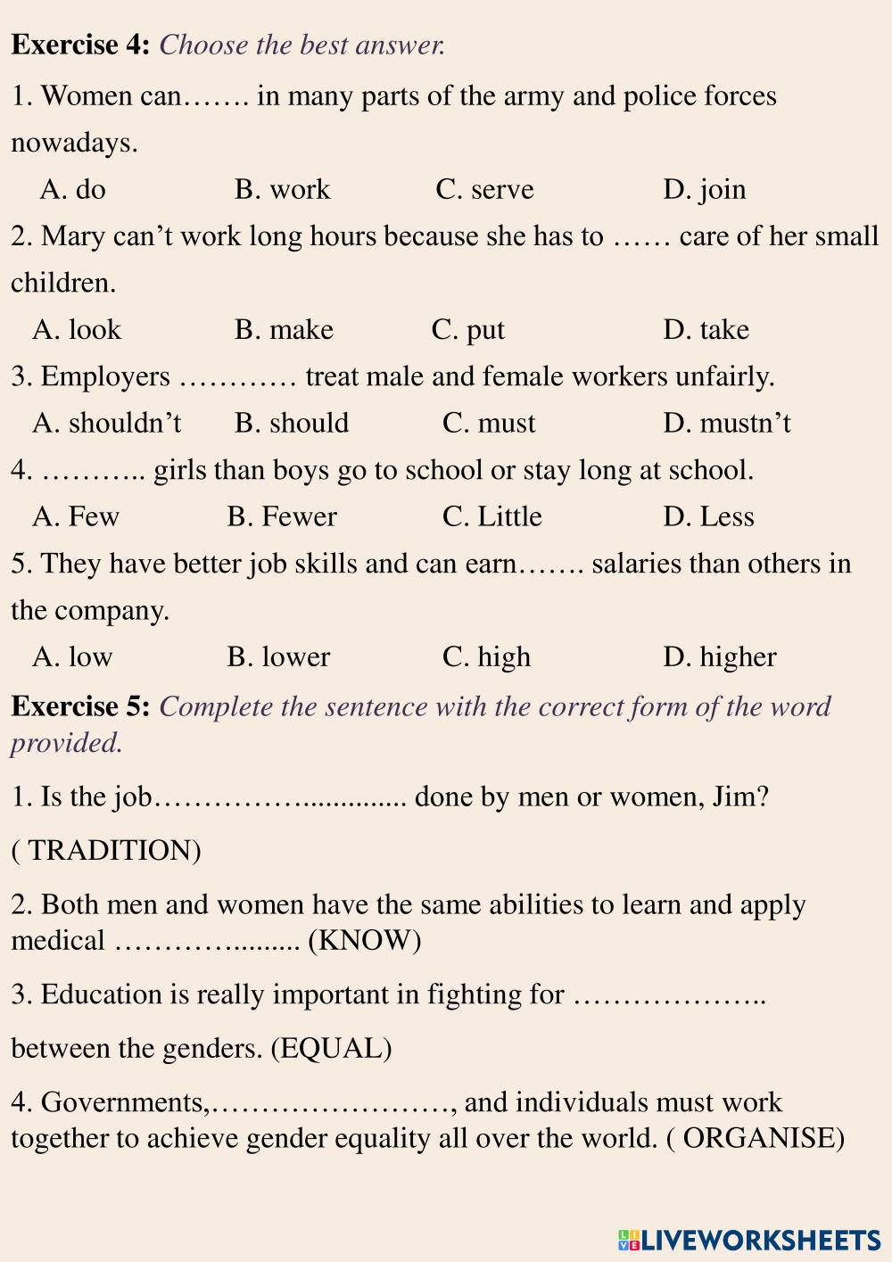 Review Unit 6: Gender Equality | Live Worksheets