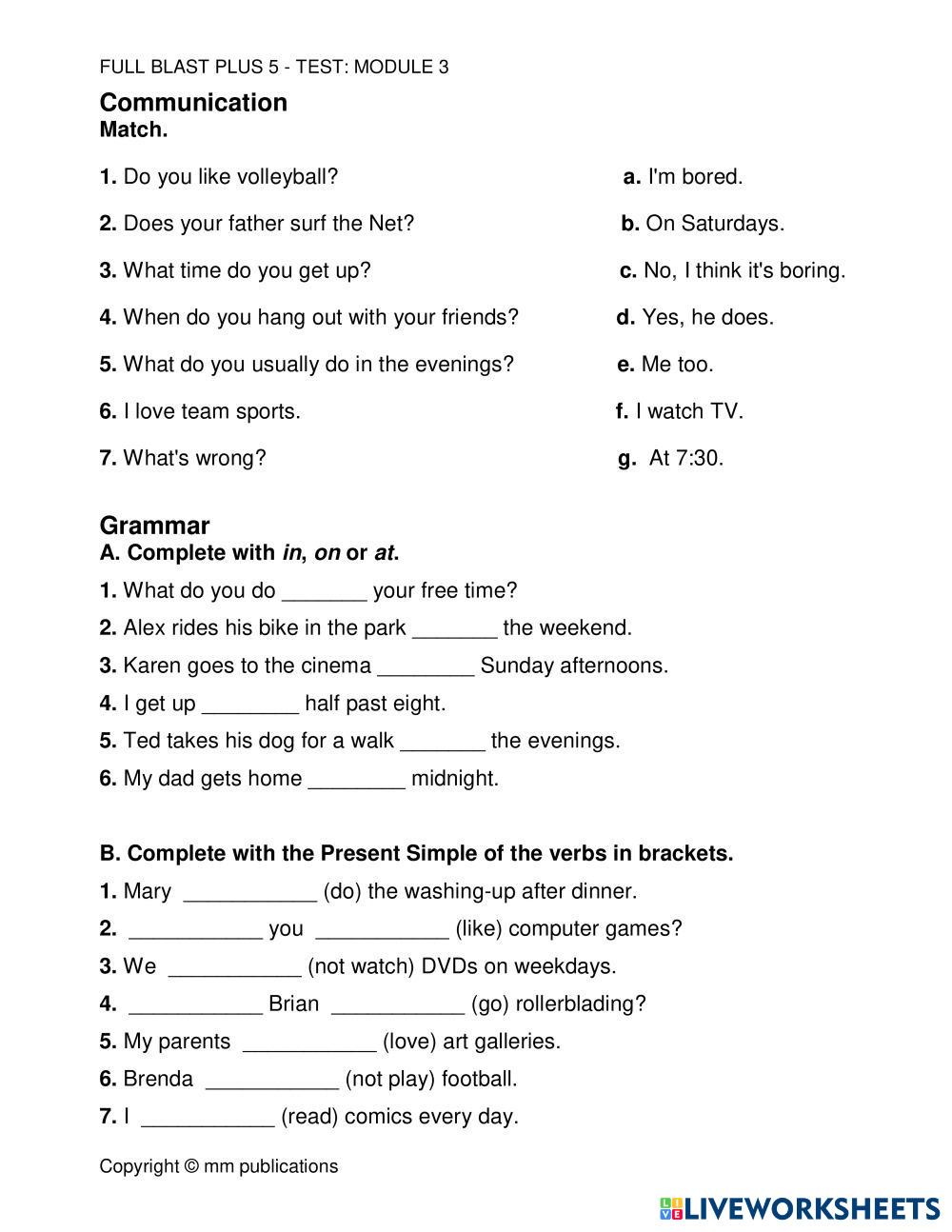 Full blast 5 Unit 3 7351948 | Olha | LiveWorksheets