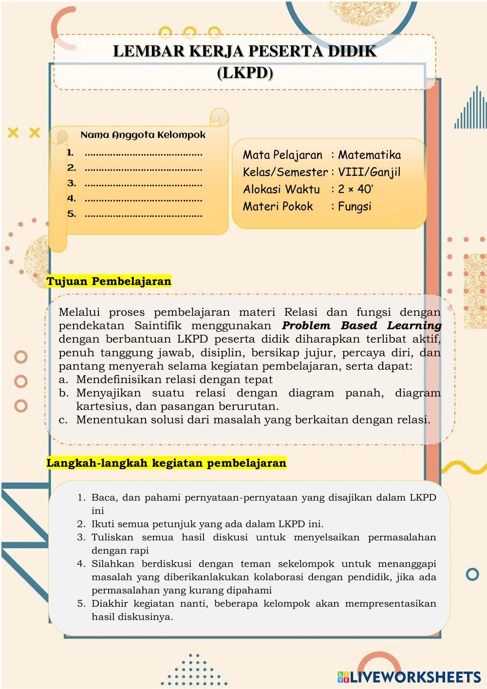 LKPD FUNGSI KELAS 8 | Live Worksheets