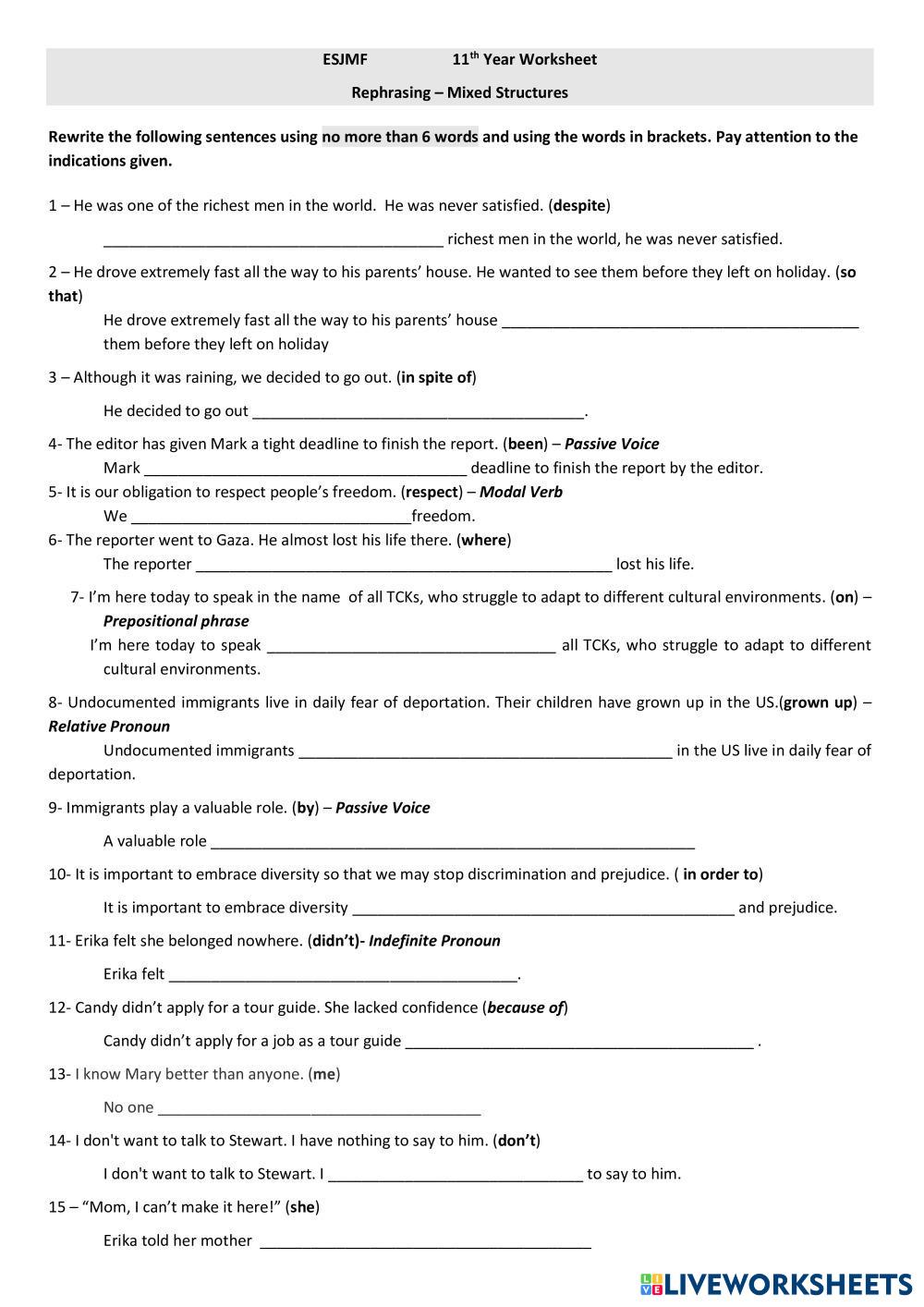 Rephrasing exer… | Free Interactive Worksheets | 7352865