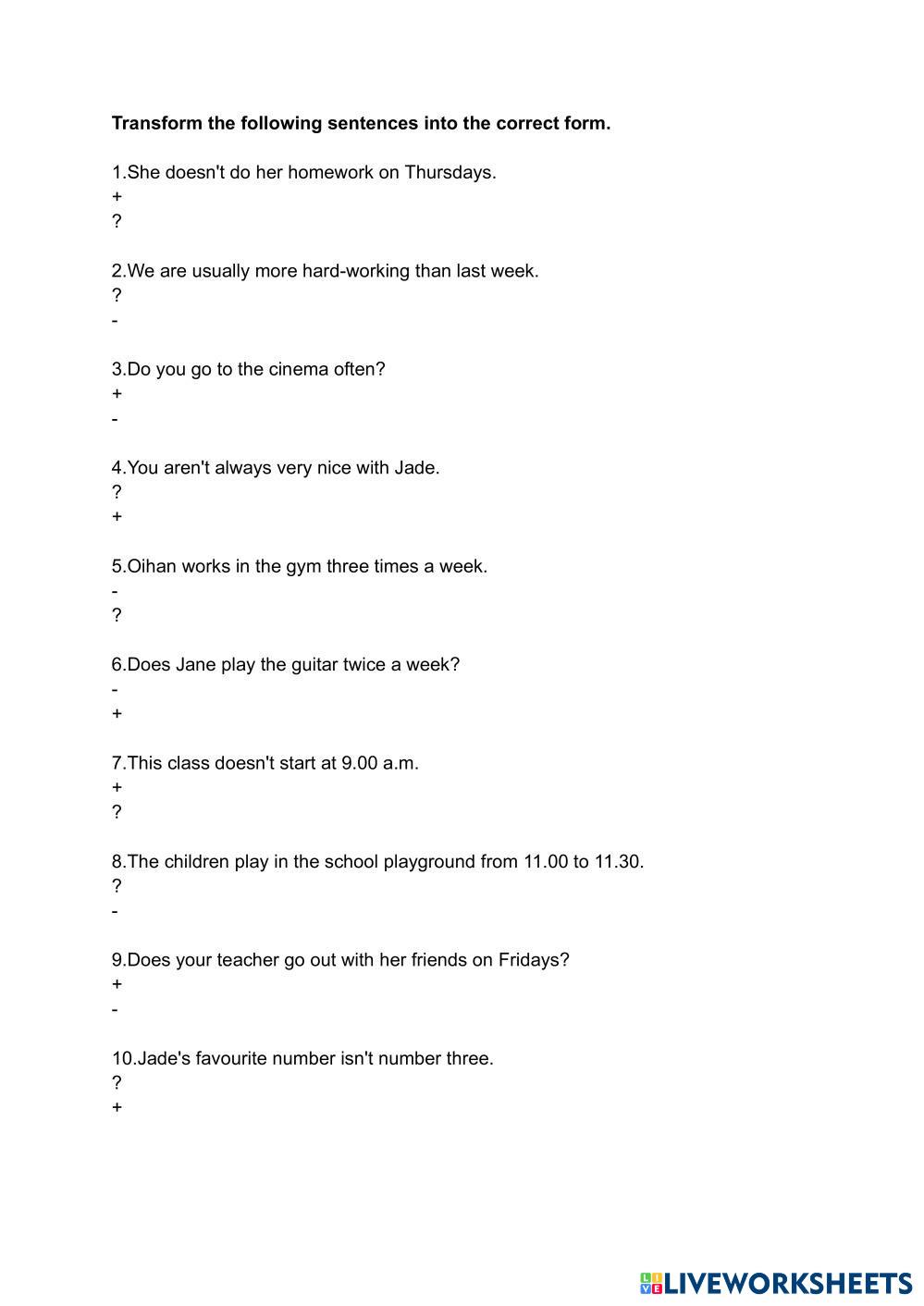 PRESENT SIMPLE TRANSFORMATIONS | Live Worksheets