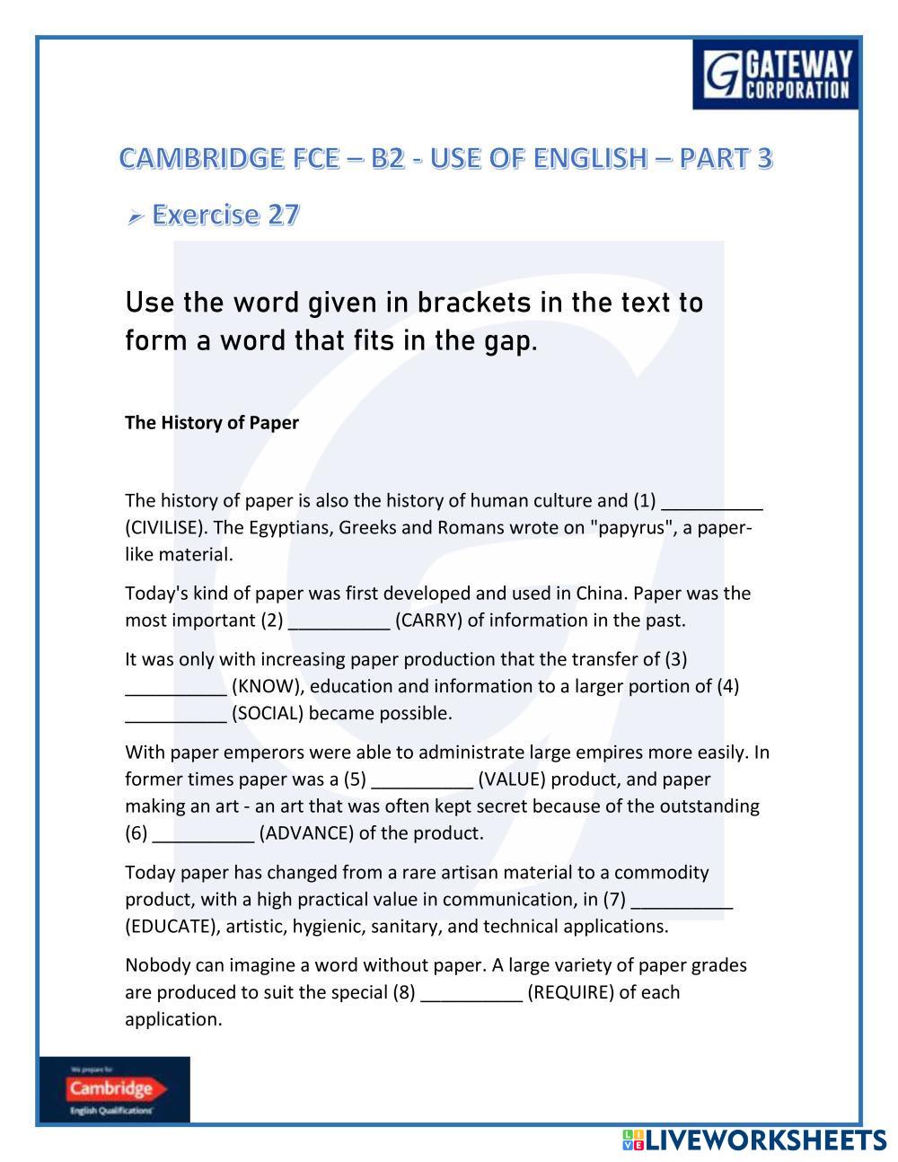 CAMBRIDGE FCE –… | Free Interactive Worksheets | 7355809