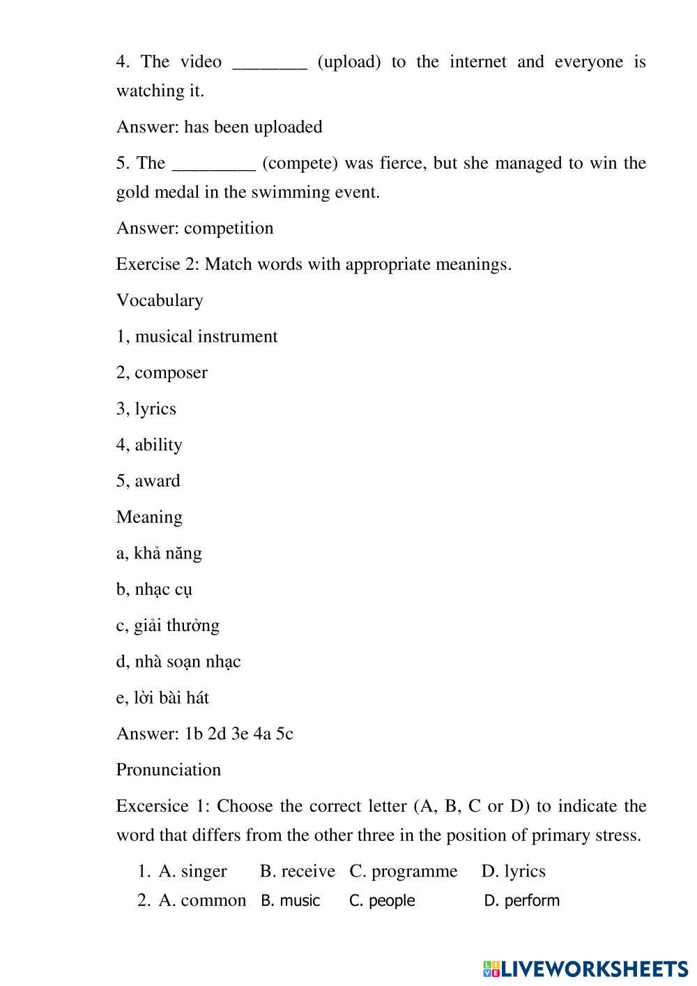 Unit 3 Music | Live Worksheets