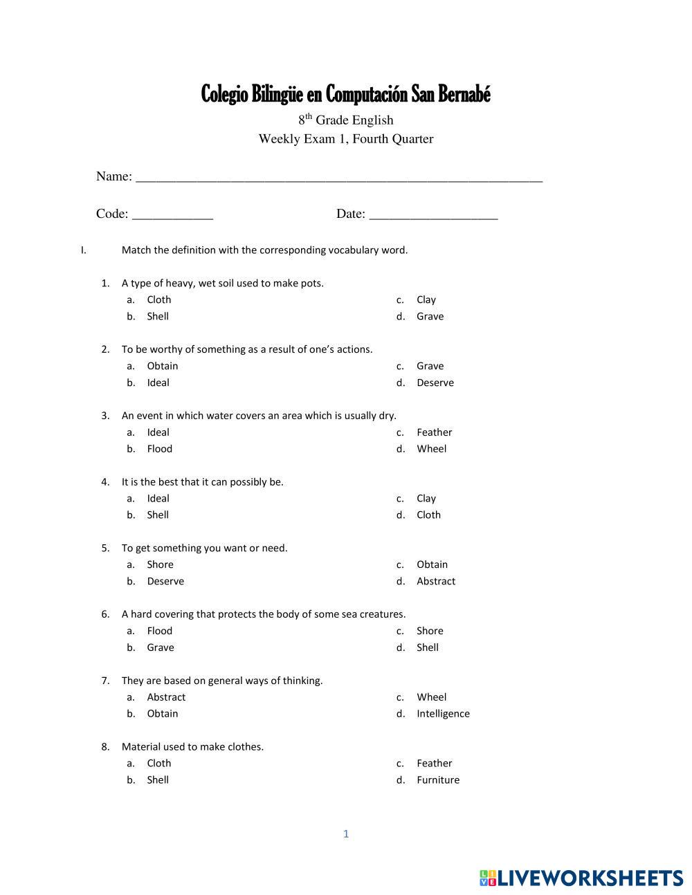 7361331 | Weekly exam 1 | Fourth quarter | 8th grade /V/