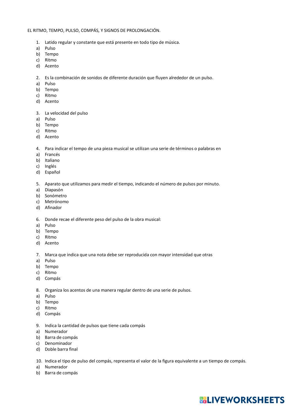 PULSO, RITMO, COMPÁS, SIGNOS DE PROLONGACIÓN | Live Worksheets