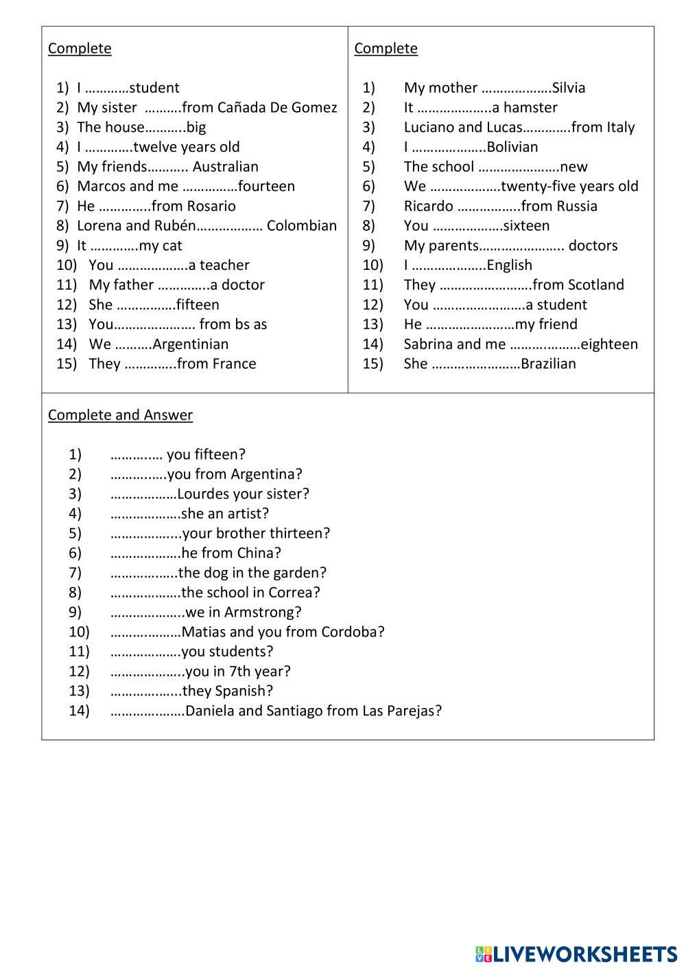 VERB TO BE ALL … | Free Interactive Worksheets | 7364790