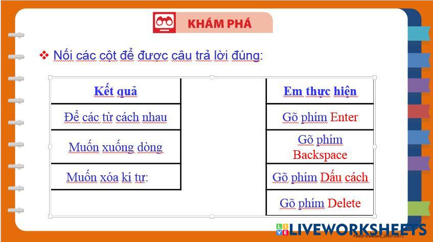 bài 13: Thực hành sử dụng bàn phím | Live Worksheets