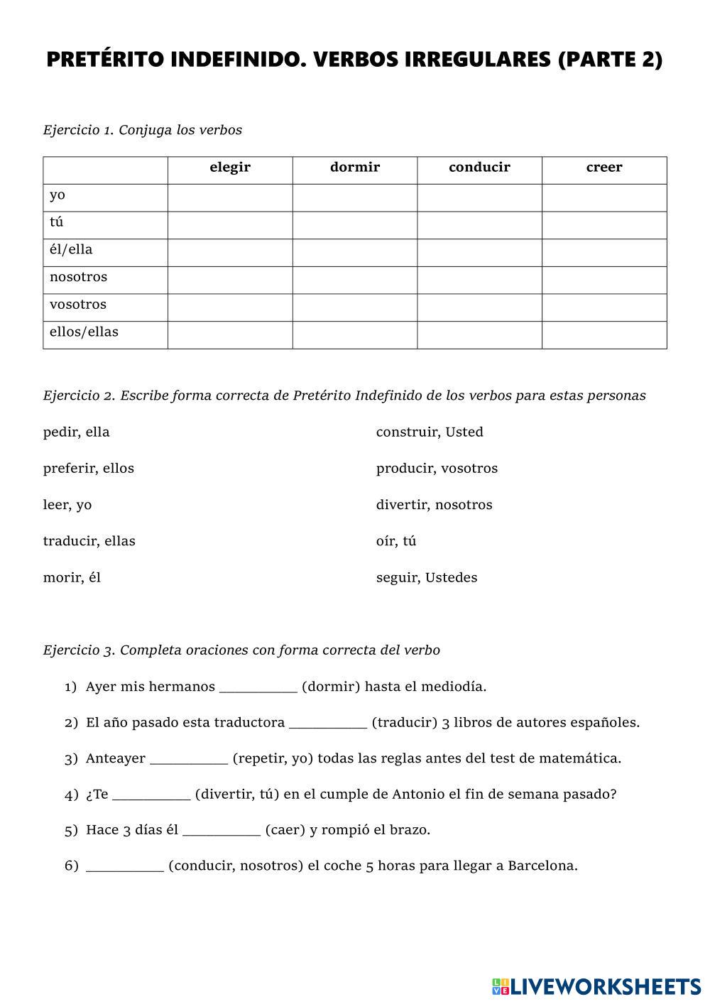 Pretérito Indef… | Free Interactive Worksheets | 7368009