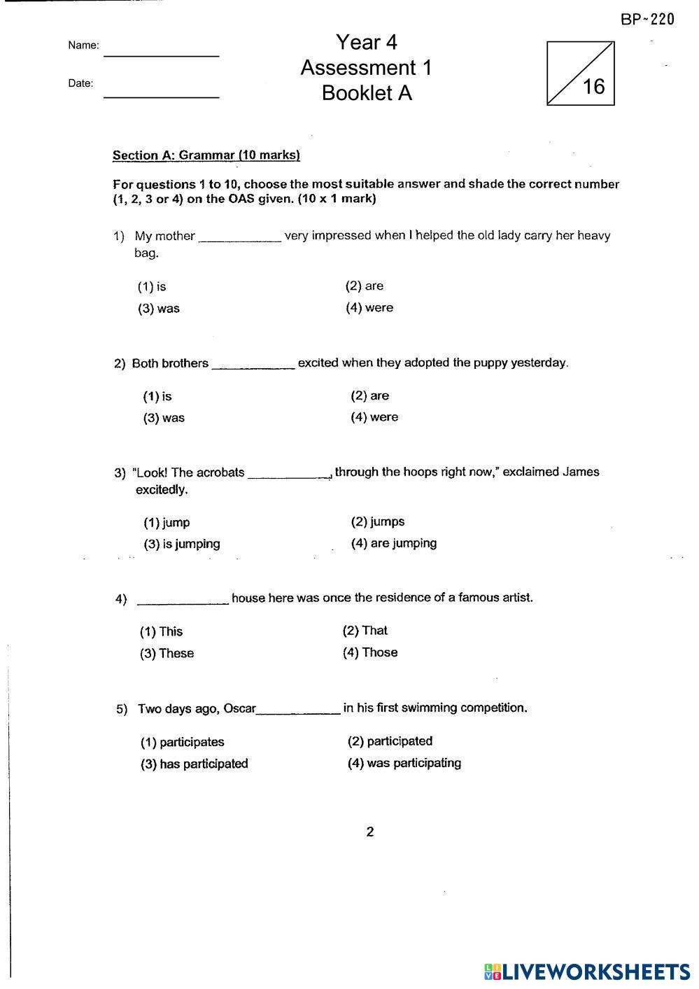 Year 4 Assessment Booklet A | Live Worksheets