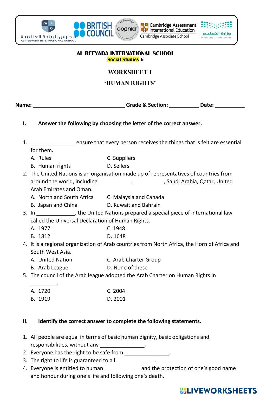 HUMAN RIGHTS | Live Worksheets
