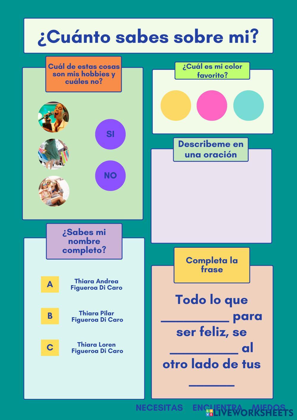 COSAs SOBRE MI | Live Worksheets