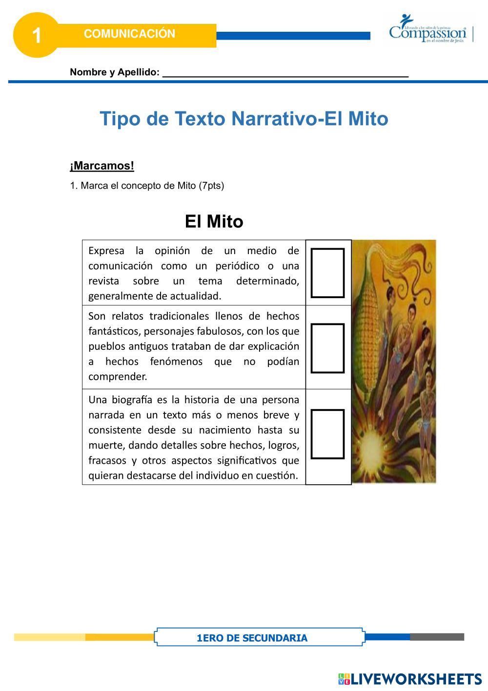 Tipo de Texto Narrativo El Mito | Live Worksheets