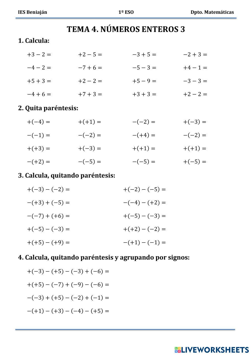 Números enteros… | Free Interactive Worksheets | 7371800