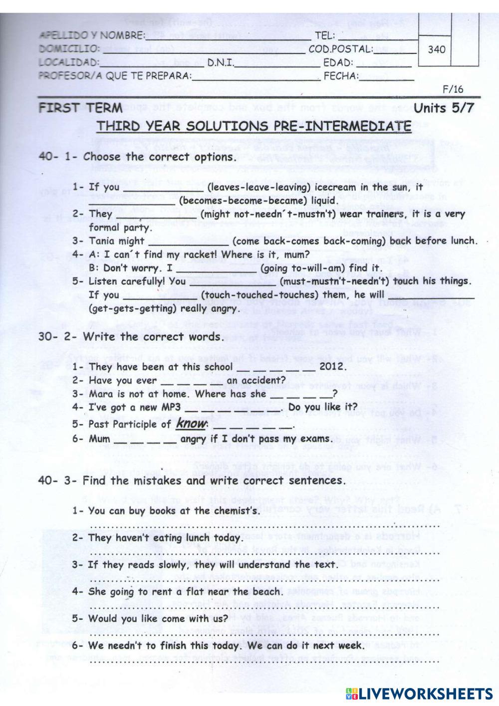 Third Year Firs… | Free Interactive Worksheets | 7378690