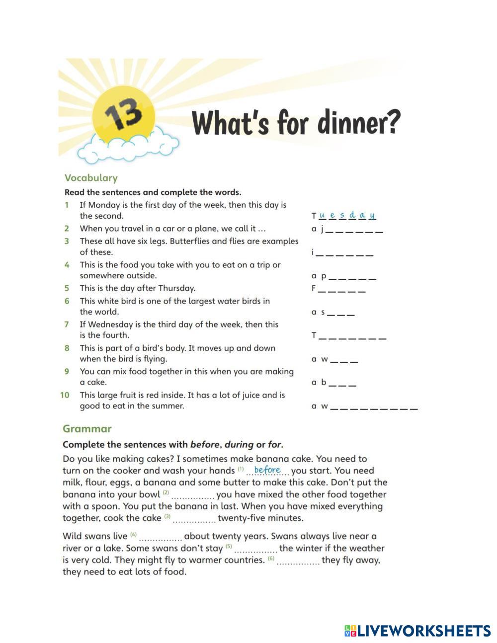 Flyers Unit 13: What's for dinner? | Live Worksheets