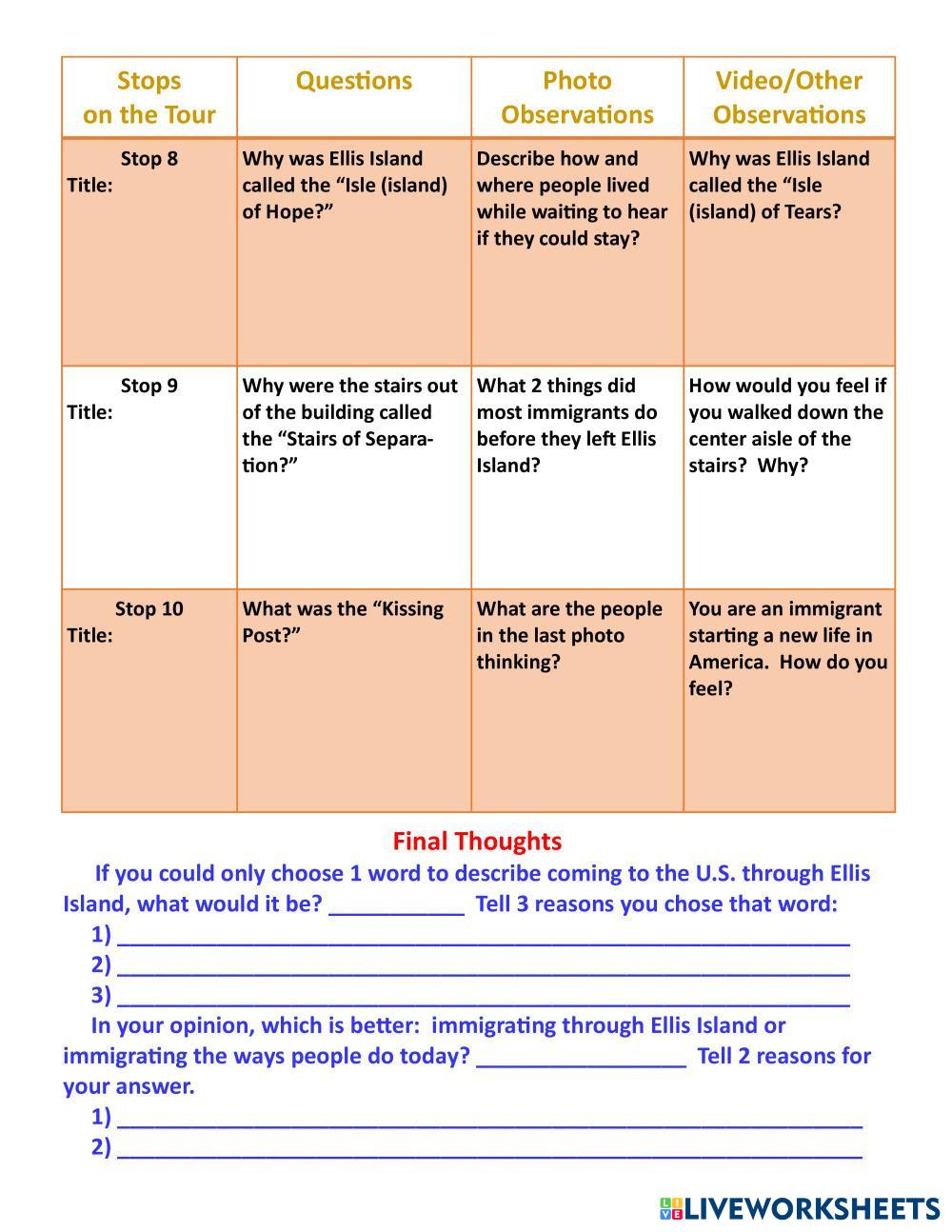 Ellis Island To… | Free Interactive Worksheets | 7385039