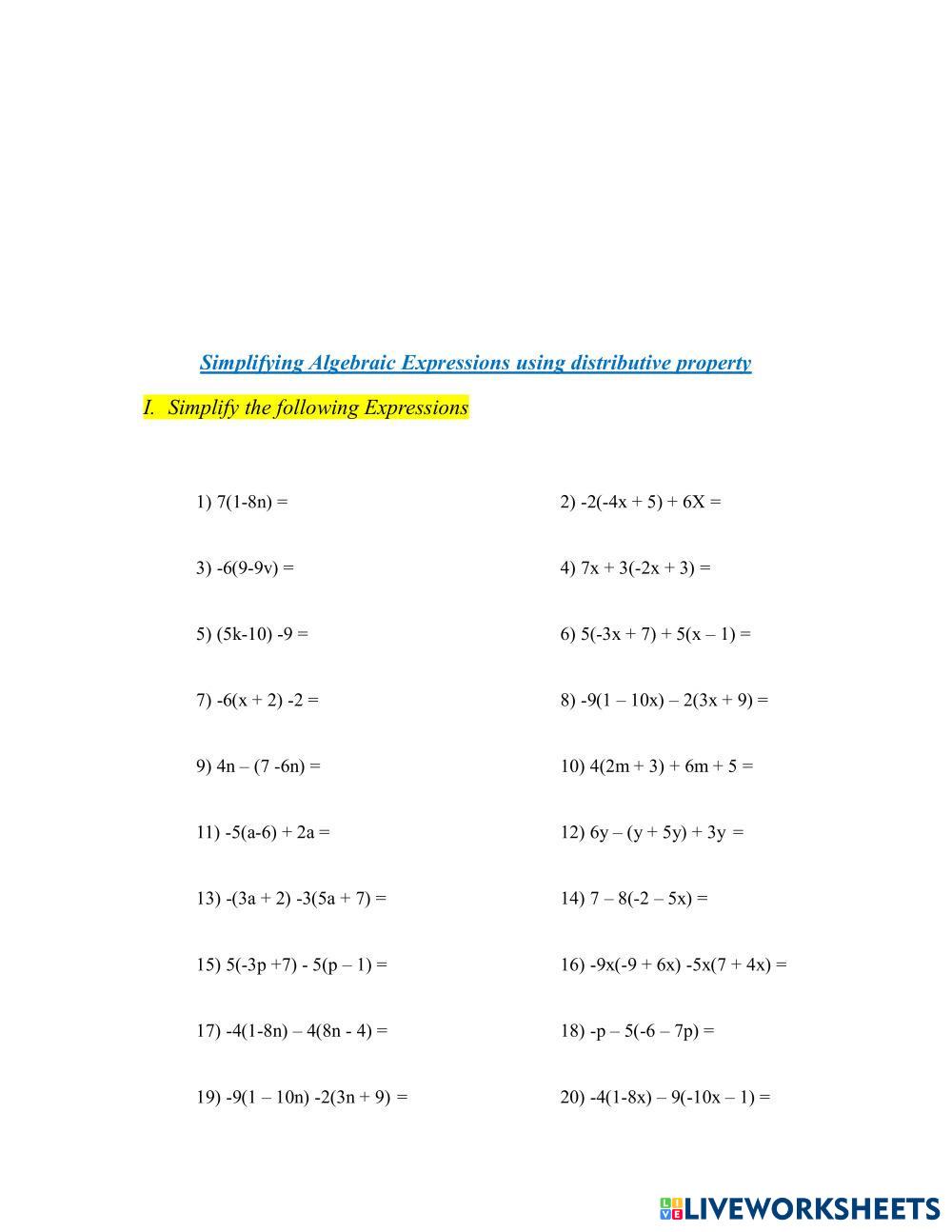 Simplifying alg… | Free Interactive Worksheets | 7386001