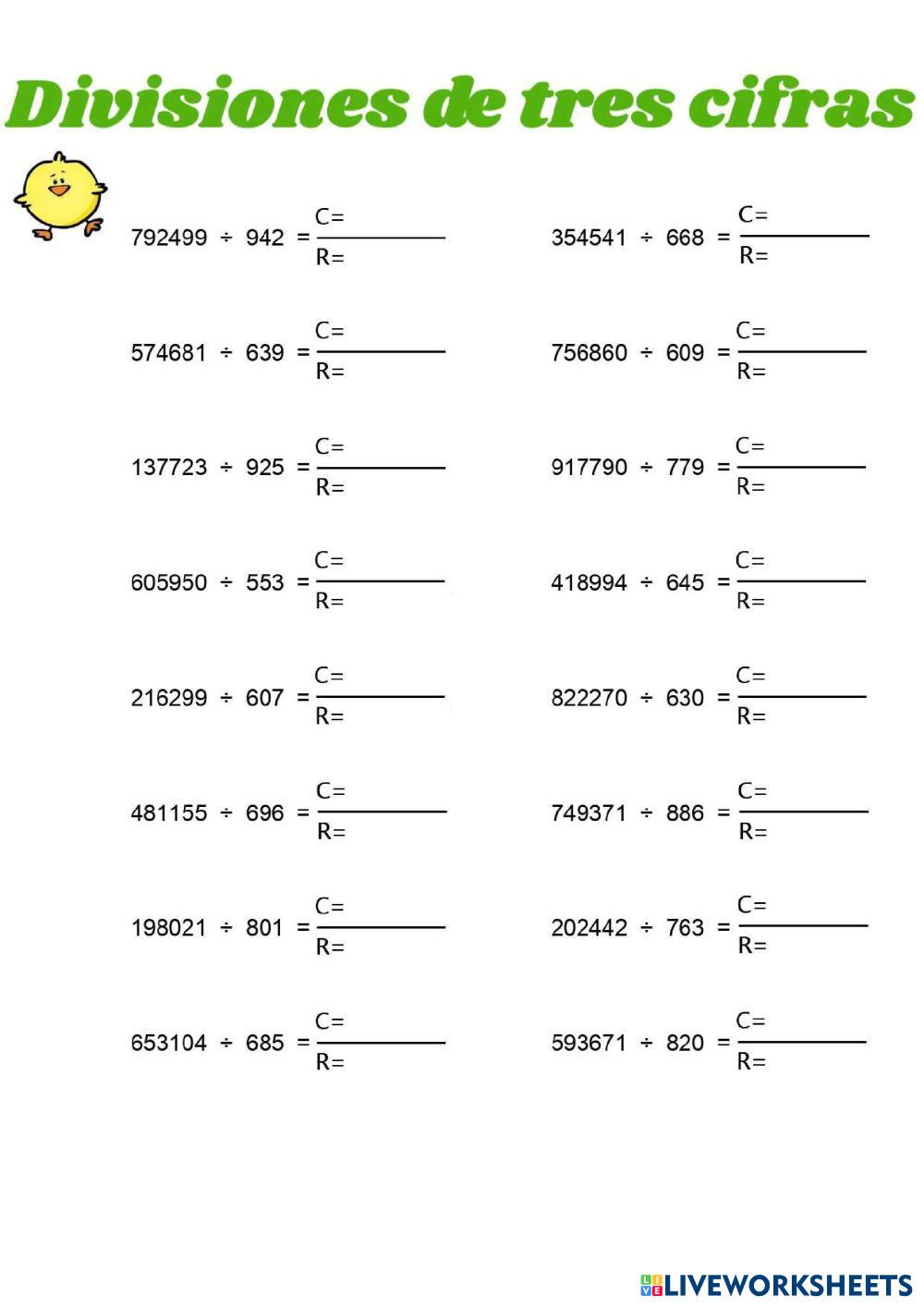 Divisiones de tres cifras | Live Worksheets
