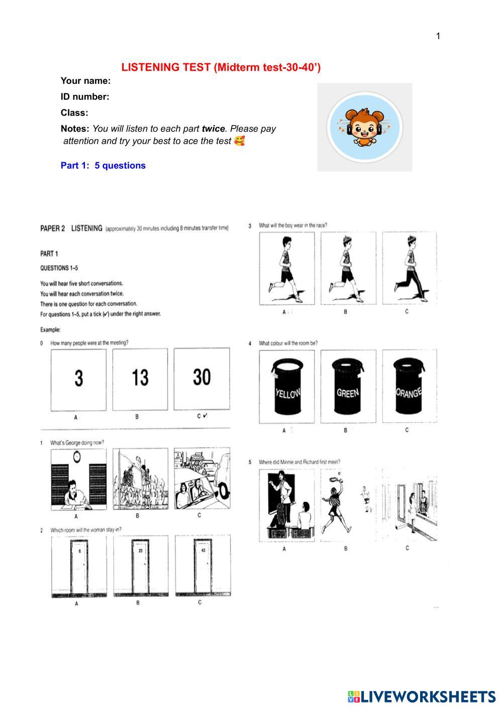 Listening test E1_ test A | Live Worksheets