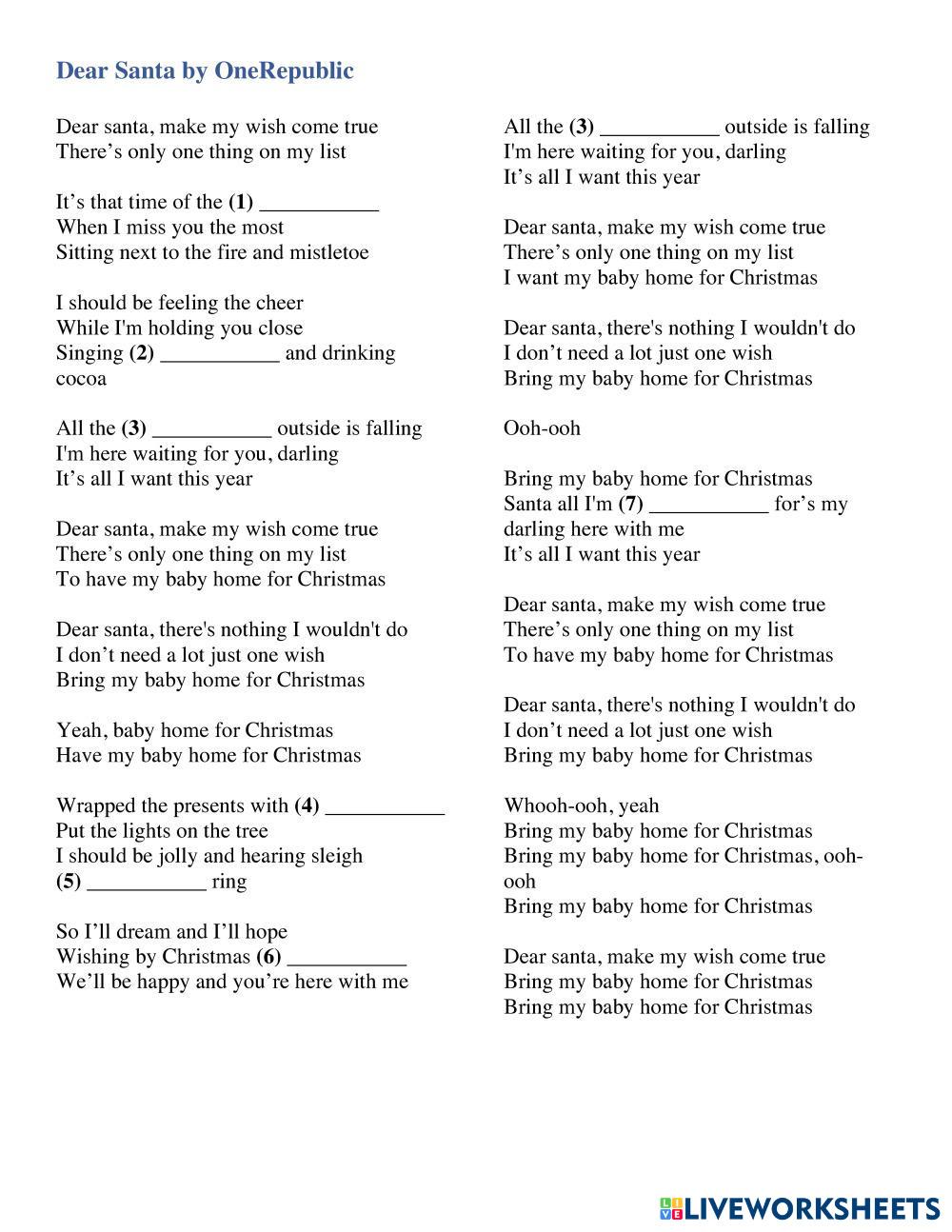 Dear Santa by OneRepublic | Live Worksheets
