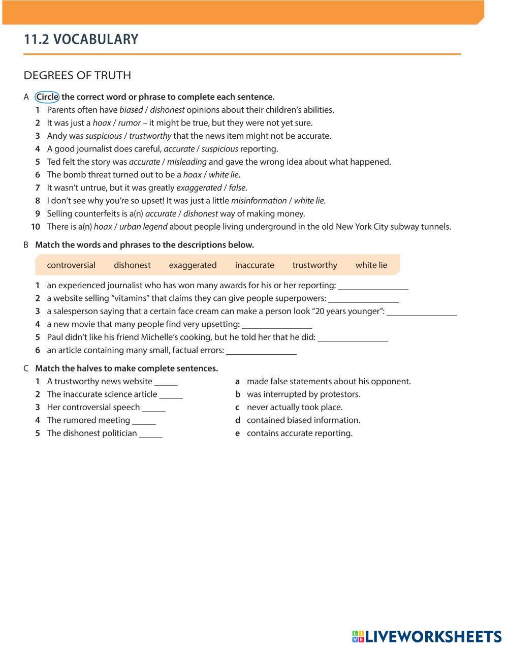 DEGREES OF TRUTH | Live Worksheets