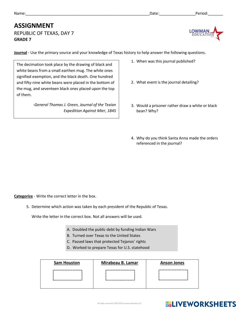 Day 7 (Republic… | Free Interactive Worksheets | 7388957