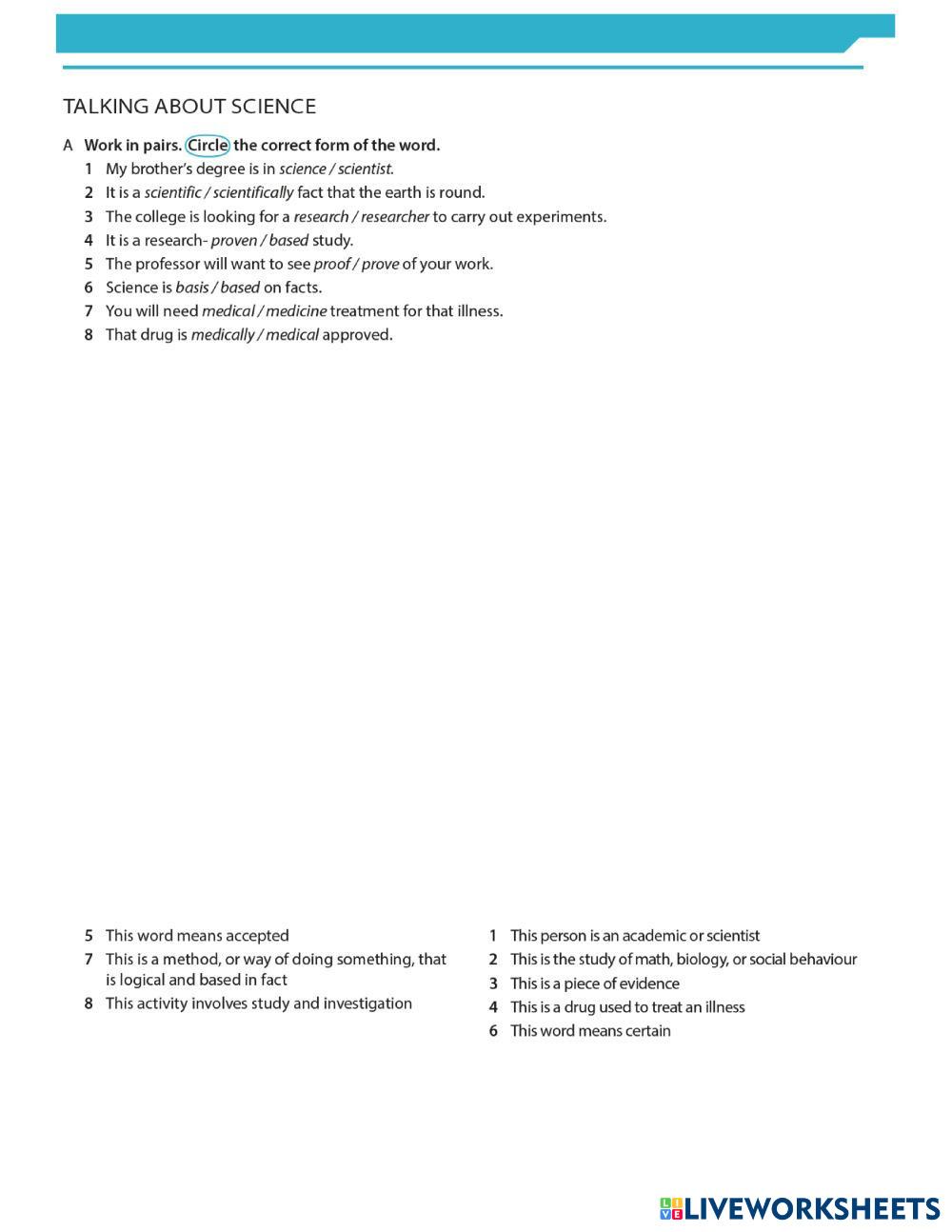 TALKING ABOUT SCIENCE | Live Worksheets